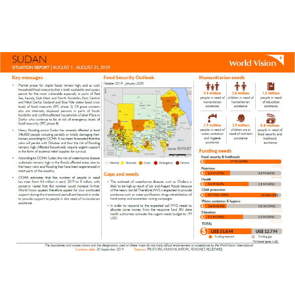 Sudan - August 2019 Situation Report | Sudan | World Vision International