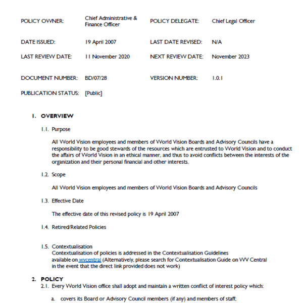 Conflict of Interest Policy | World Vision International