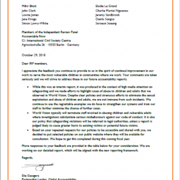 Response to IRP on 2017 Accountability Report | World Vision International