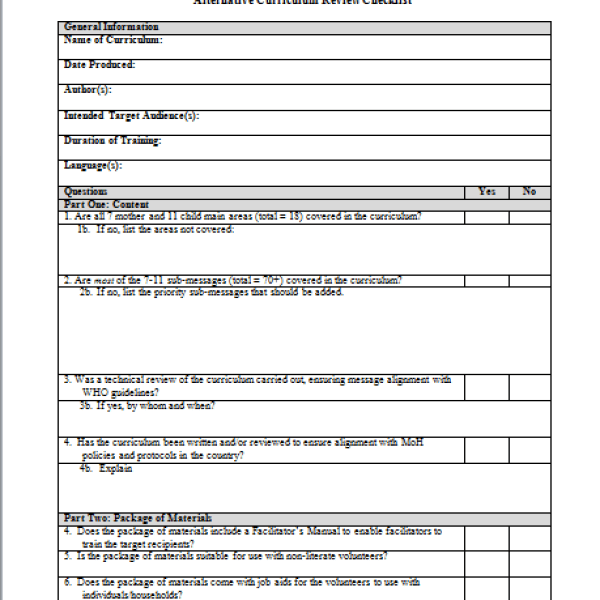 TTC Alternative Curriculum Checklist | World Vision International