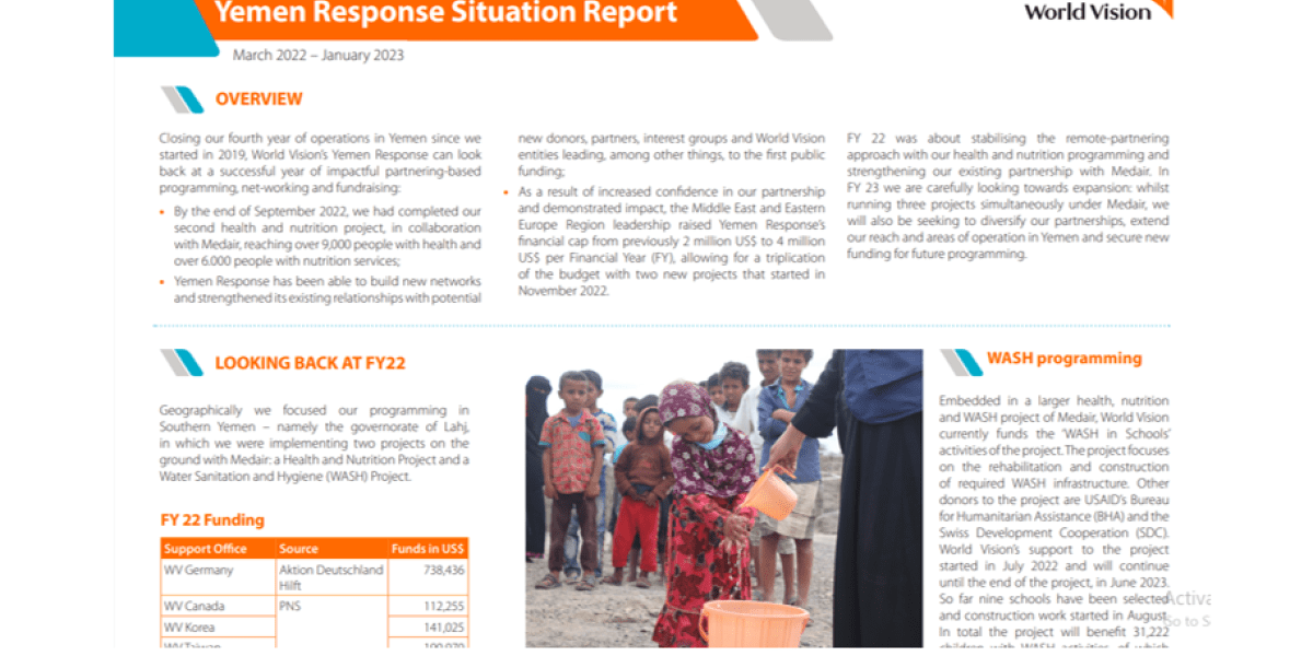 World Vision Yemen Response Situation Report: March 2022 - January 2023 ...