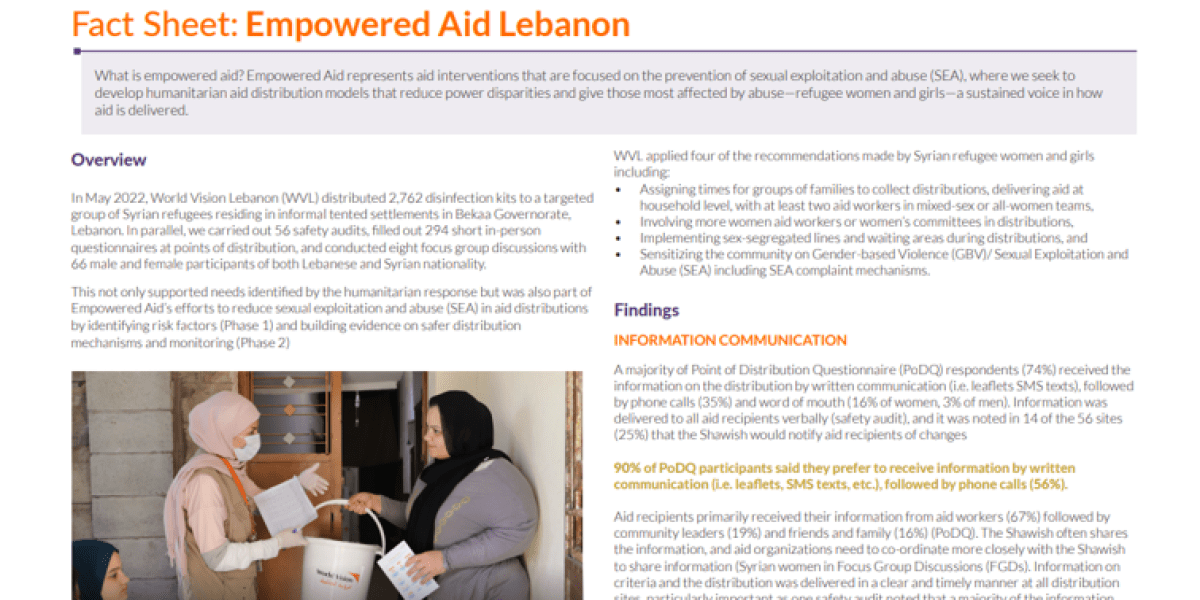 Fact Sheet: Empowered Aid Lebanon | Lebanon | World Vision International